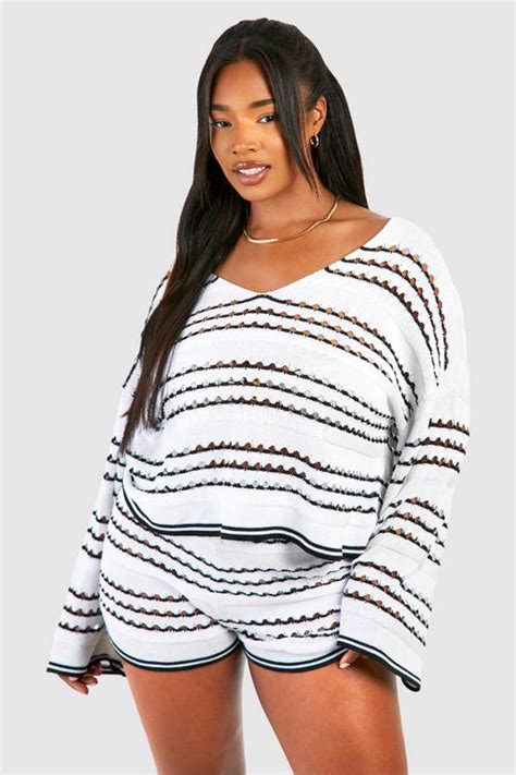 Plus Mono Stripe Crotchet Beach Top Boohoo Usa