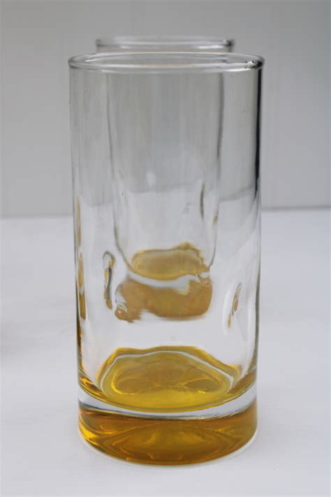 Mod Dimple Shape Tumblers Amber Yellow Base Clear Glass Collins