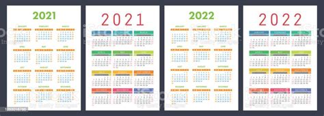캘린더 2021 및 2022 영어 색상 벡터 세트 수직 벽 또는 포켓 캘린더 템플릿 디자인 컬렉션 새해 일요일부터 시작되는 주