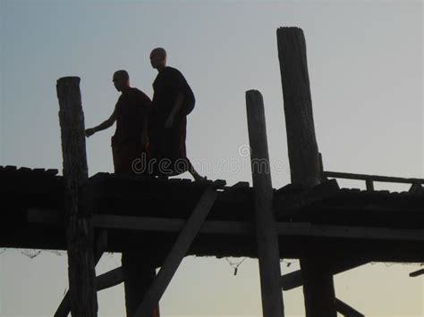 Buddhist Monks Cross U Bein Bridge Amarapura Mandalay Myanmar