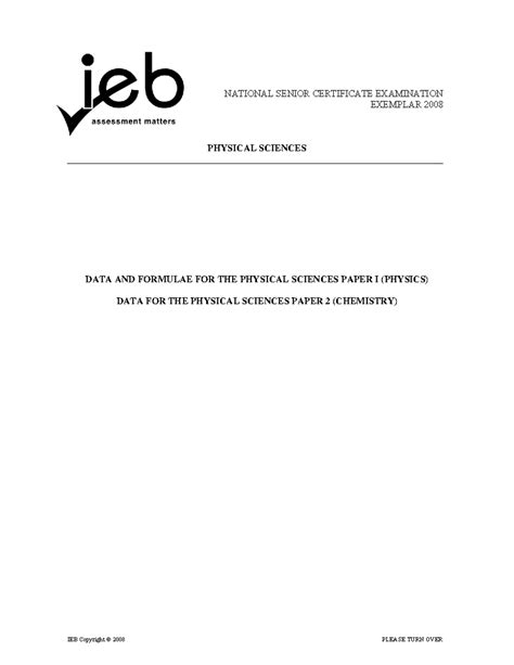 Exam E Physics Ieb Formula Sheet Ieb Copyright © 2008 Please Turn Over National Senior