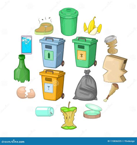 Garbage Items Icons Set Cartoon Style Stock Vector Illustration Of Basket Ecological 115836225