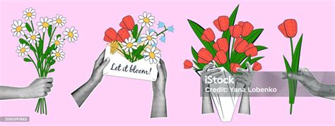 복고풍 콜라주 스타일의 현대적인 인사말 요소 세트입니다 하프톤 효과가 있는 여성의 손에는 꽃다발 꽃 데이지 튤립이 담긴 축하 봉투가 들려 있습니다 개체 그룹에 대한 스톡