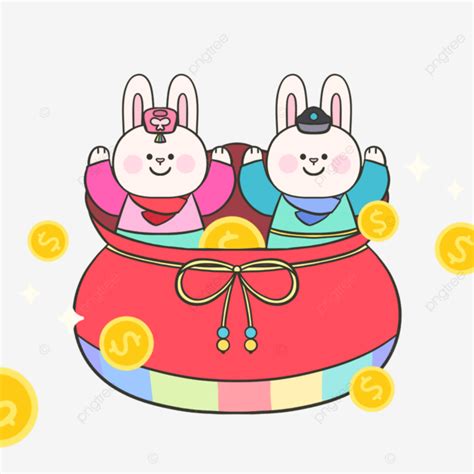 한국 새해 2023 만화 스타일 두 마리의 토끼와 복주머니 2023년 복대 토끼 Png 일러스트 및 Psd 이미지 무료 다운로드 Pngtree