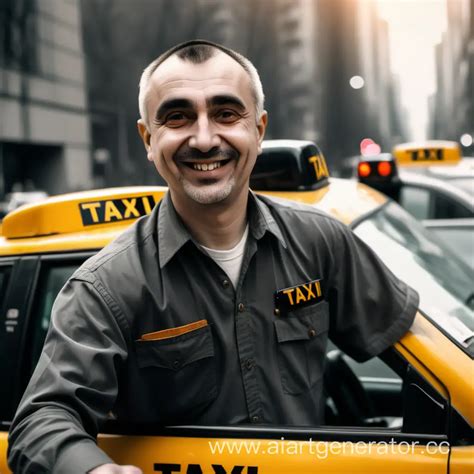 Cheerful Taxi Driver Man Smiles in City Street Scene | AI Art Generator