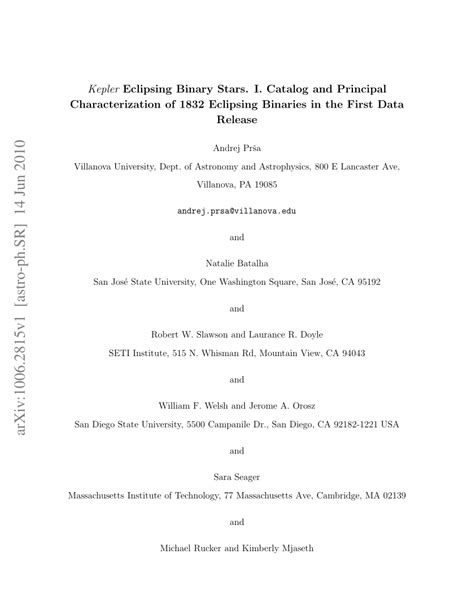Pdf Kepler Eclipsing Binary Stars I Catalog And Principal