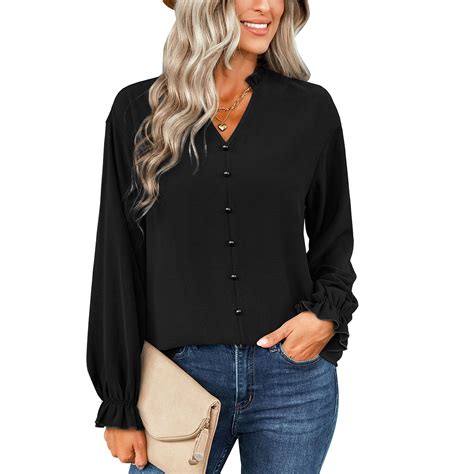 SWQZVT Women S Tops Long Sleeve Button Decoration Solid Color Shirt V Neck Casual Loose Ruffle