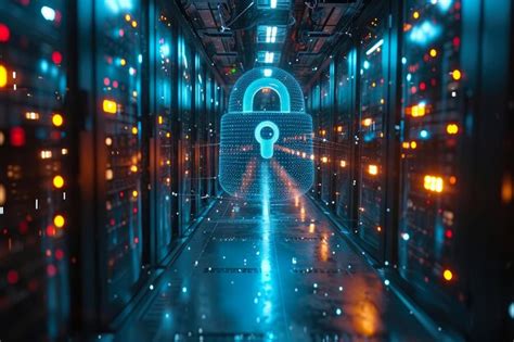Premium Photo Data Protection In Progress Blue Padlock Hologram In Server Room