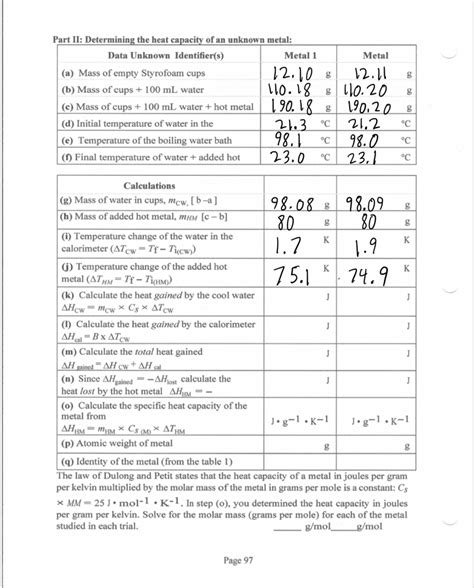 Solved Lab 13 The Specific Heat Capacity Of Unknown Metal Chegg