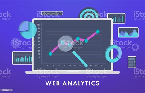 웹 분석 통계 데이터 분석 및 메트릭 개념 화면 및 개념 마케팅 아이콘 및 분석 요소에 그래프와 차트가 있는 랩톱 컴퓨터 디지털 비즈니스 Seo 기술 0명에 대한 스톡 벡터