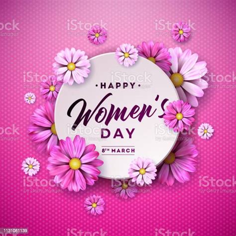 3 월 8 일 행복 한 여자의 날 꽃 인사말 카드입니다 분홍색 배경에 꽃 디자인으로 국제 휴일 그림입니다 벡터 봄 축 하