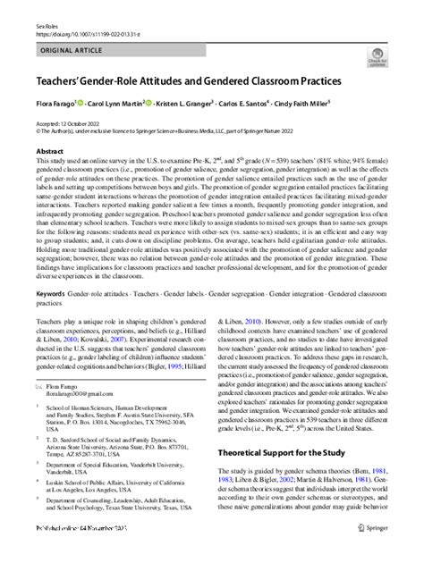 Pdf Teachers Gender Role Attitudes And Gendered Classroom Practices