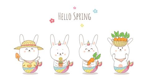 Mignon Lapin Sirène Licorne Bannière Dessin Animé Vecteur Premium