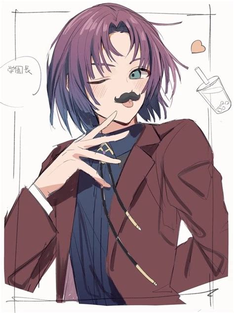 An Anime Character With Purple Hair And Moustache Holding His Hand To