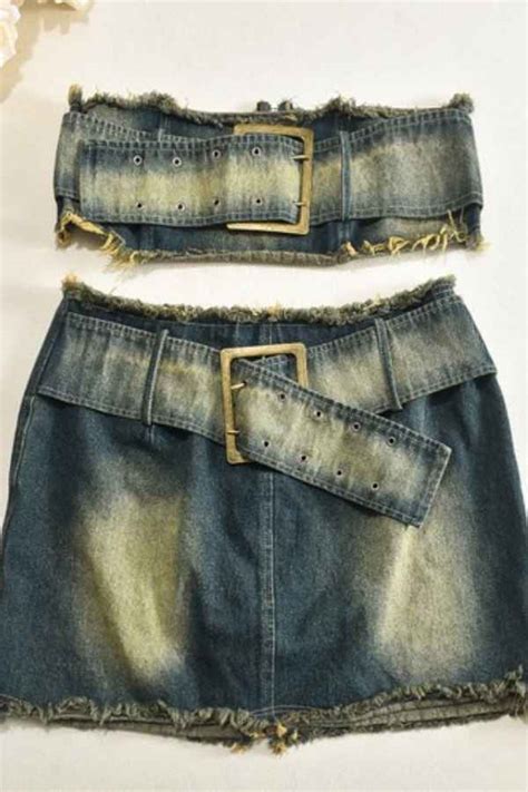 Belt Detail Off Shoulder Crop Top Denim Mini Skirt Set Reflex Garments