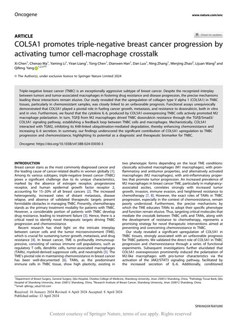Col5a1 Promotes Triple Negative Breast Cancer Progression By Activating