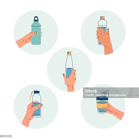 액체에 대한 재사용 가능한 용기 세트 병을 들고 있는 손의 다양한 포즈 물병에 대한 스톡 벡터 아트 및 기타 이미지 물병 유리잔 손 Istock