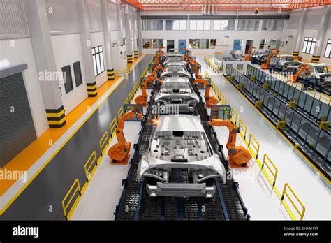 automation automobile factory concept with 3d rendering robot assembly