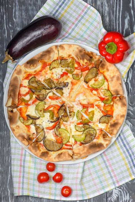 Pizza With Eggplant Zucchini Sweet Pepper Mozzarella Cheese And