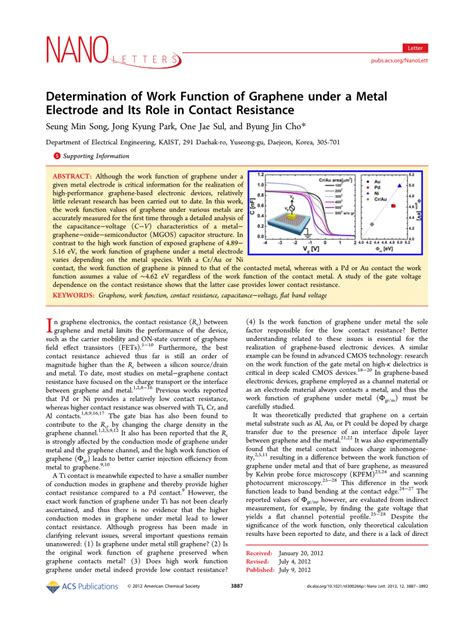 Pdf Determination Of Work Function Of Graphene Under A Metal Electrode And Its Role In Contact