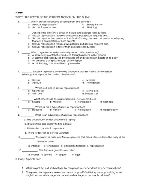 Reproduction Quiz Pdf Sexual Reproduction Reproduction