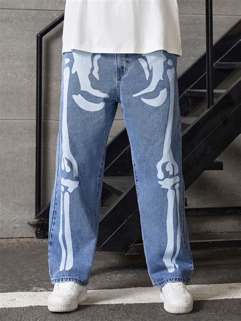 Extended Sizes Homens Calça jeans reta Impressão de esqueleto Jeans