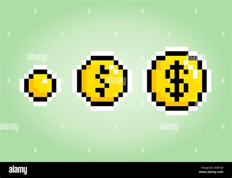 Collection Of Gold Coins In Pixel Art For 8 Bit Games Stock Vector
