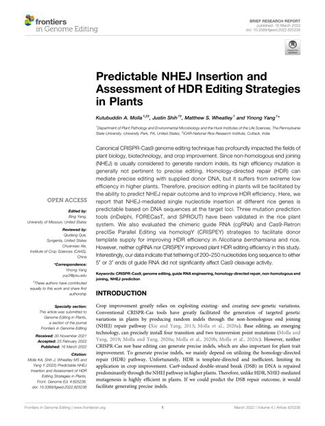 Pdf Predictable Nhej Insertion And Assessment Of Hdr Editing