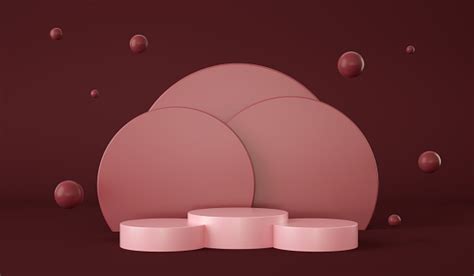 배경에 원과 구가 떠있는 빈 빨간색 연단 제품 프레젠테이션 3d 렌더 0명에 대한 스톡 사진 및 기타 이미지 0명 3차원