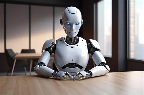 Premium Photo Robot Sitting Behind Table 3d Render