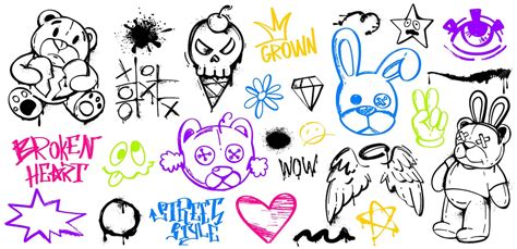 스프레이 페인트 그래피티 요소 토끼 심장 두개골 천사 날개 눈 별 틱 발가락 무료 벡터