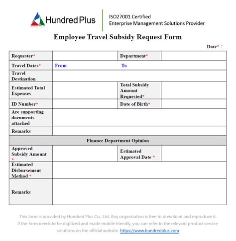 Example Form Employee Travel Subsidy Request Form 101Form Net