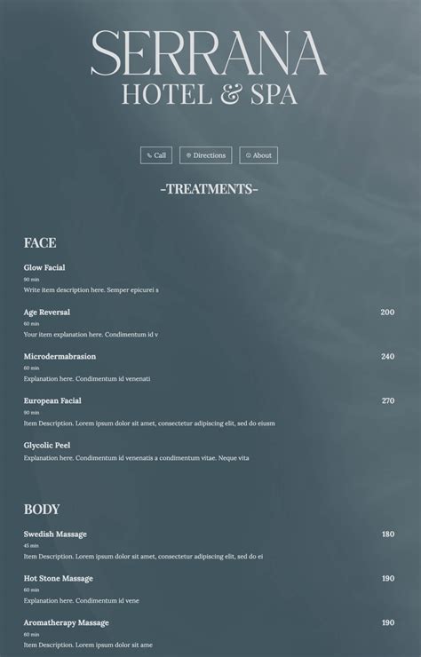 Free Spa Menu Template Menuzen