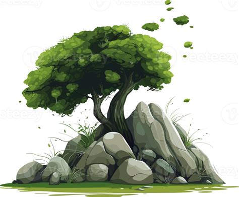 Green Tree And Grass On The Rocks PNG
