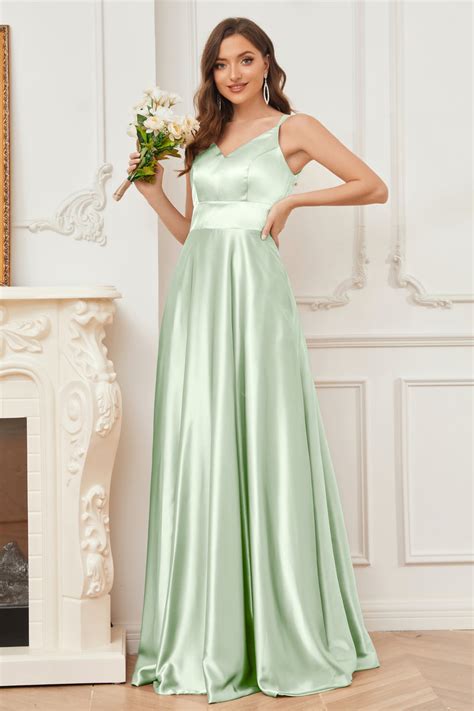Spaghetti Straps V Neck Soft Satin Bridesmaid Dress