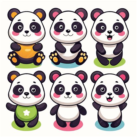 Set Of Six Cute Cartoon Pandas With Different Expressions In Various Poses Premium Ai
