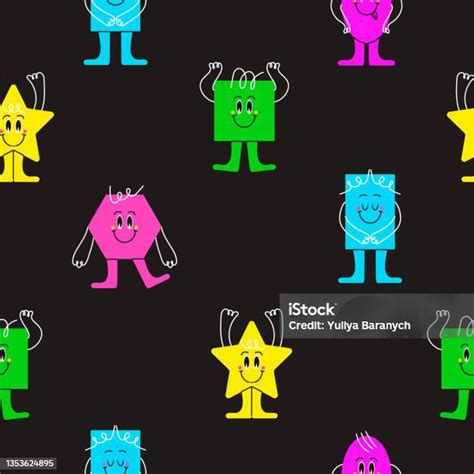 재미있는 얼굴 감정이있는 귀여운 작품과 기하학적 인물 패턴 다양한 모양이 어린이 교육을 위한 벡터를 설정합니다 Sketch Comedy에 대한 스톡 벡터 아트 및 기타