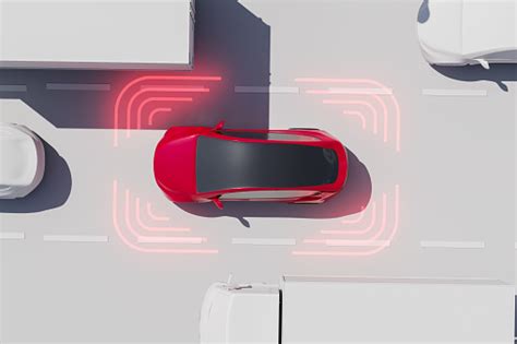 도시 거리에서 자율 주행 센서를 보여주는 빨간색 자동차의 평면도 다른 차량에 둘러싸여 있습니다 3d 렌더링 자율 주행 기술의 개념 0에 대한 스톡 사진 및 기타 이미지