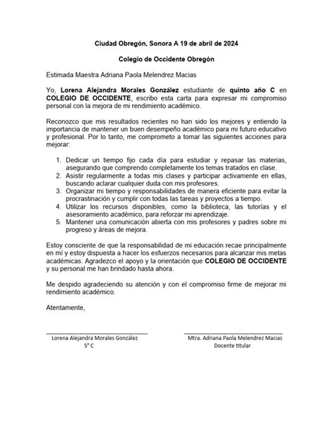 Carta De Compromiso Escolar Pdf