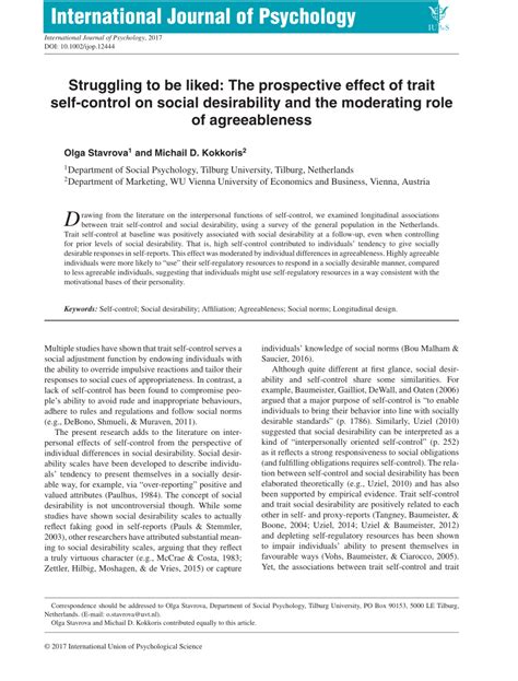 Pdf Struggling To Be Liked The Prospective Effect Of Trait Self Control On Social
