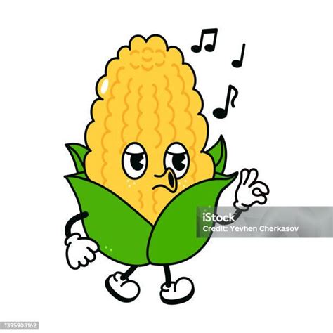 귀여운 재미있는 옥수수 걷기 노래 캐릭터 벡터 손으로 그린 전통 만화 빈티지 복고풍 카와이 캐릭터 일러스트 레이 션 아이콘 고립 된 흰색 배경 옥수수 산책 노래 건강한