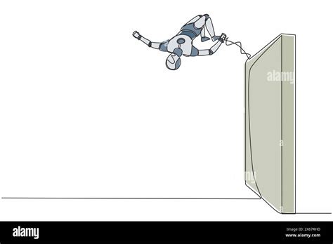 Single Continuous Line Drawing Robot Jumping Over Brick Wall With