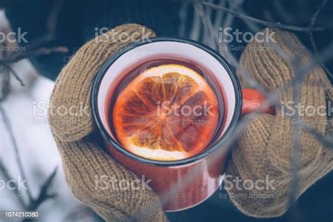 여자의 손 장갑에 빨간색 컵 Mulled 와인 뜨거운 겨울 눈 덮인 겨울 숲에서 야외 음료입니다 눈송이와 크리스마스 배경 0명에