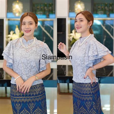 Ptt️ เสื้อลูกไม้ อก S M L Xl Xxl เสื้อลูกไม้สีเทา เสื้อไทยประยุกต์