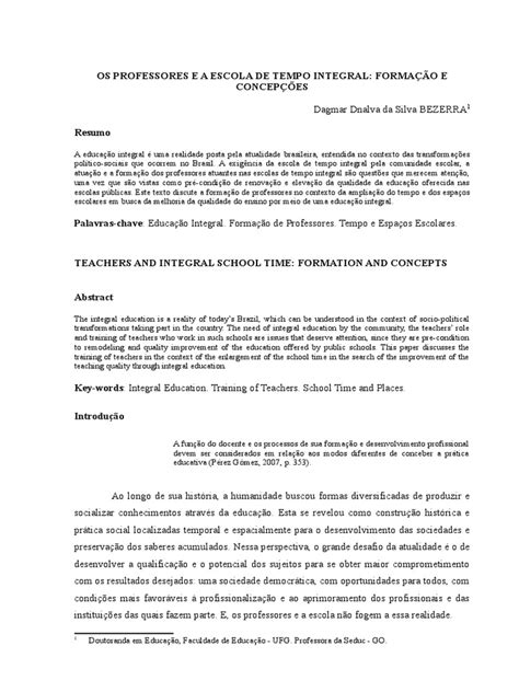 Os Professores E A Escola De Tempo Integral Formação E Concepções Pdf