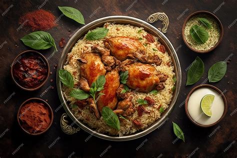 라마단 카림과 이드 울 아드하 하이데라바디 치킨 비리야니 덤 비리야니 치킨 풀라오 민트 잎 바스마티 쌀 허브와 라이타를 곁들인