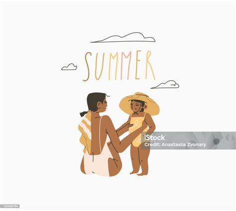 손으로 그린 벡터 추상 주식 그래픽 여름 시간 만화 보헤미안 아름다운 엄마와 딸 일광욕과 해변에 앉아 미니멀 한 스타일 일러스트
