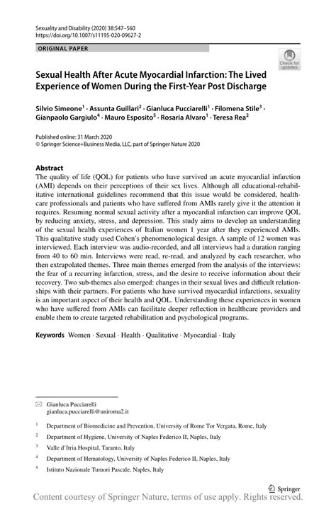 Sexual Health After Acute Myocardial Infarction The Lived Experience