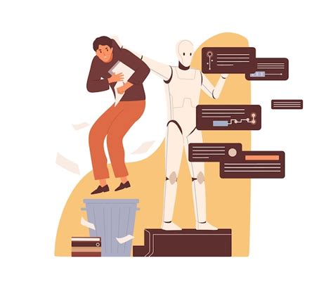 직장에서 사람을 대체하는 인공 지능 Ai 대 인간 기술 개념의 승리 쓸모없는 직원을 쓰레기통에 던지는 로봇 평면 벡터