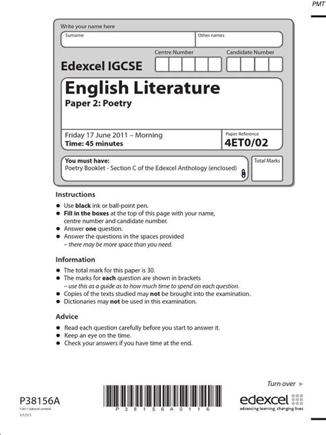June 2011 Qp Paper 2 Edexcel English Literature Igcse Pdf Poetry
